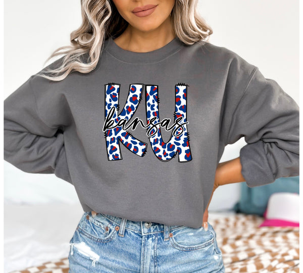 Red & Blue Leopard KU Charcoal Sweatshirt - Olive Street Boutique