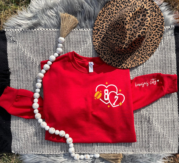 Left 87 Heart Chest White Kansas City Sleeves Red Sweatshirt - Olive ...